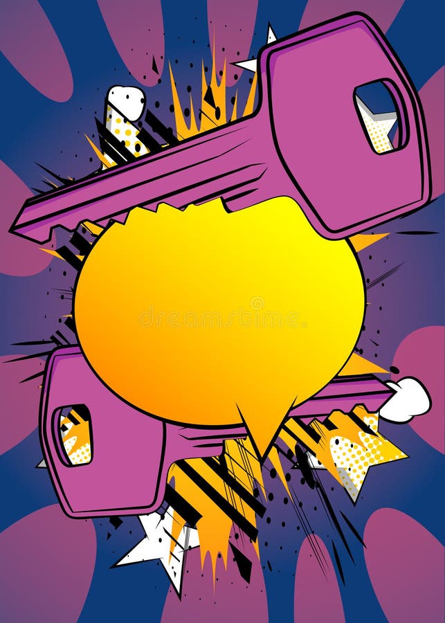 Cartoon Key with Blank Speech Bubble, Comic Book Safety Background ...