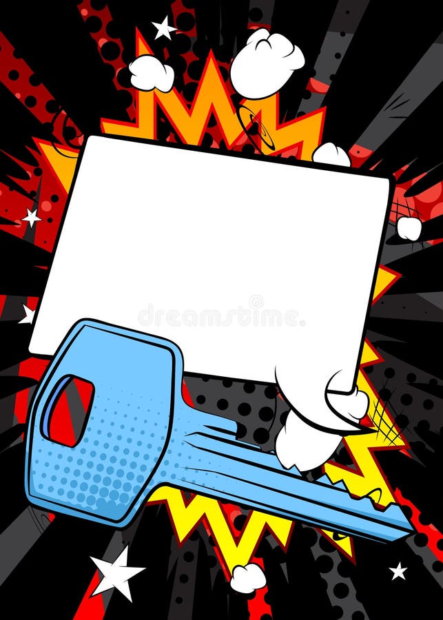 Cartoon Key with Blank Speech Bubble, Comic Book Safety Background ...