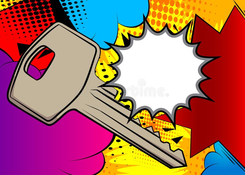 Cartoon Key with Blank Speech Bubble, Comic Book Safety Background ...