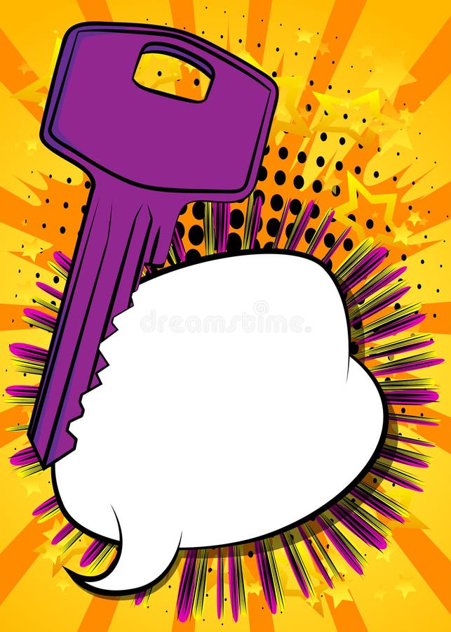 Cartoon Key with Blank Speech Bubble, Comic Book Safety Background ...