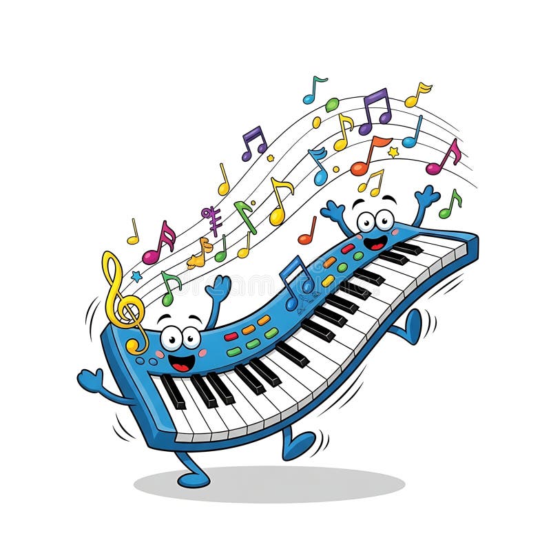Cartoon Keyboard Character with Musical Notes Floating Above it on a ...