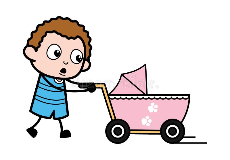 Cartoon Kid with Baby Cart stock illustration. Illustration of walk ...