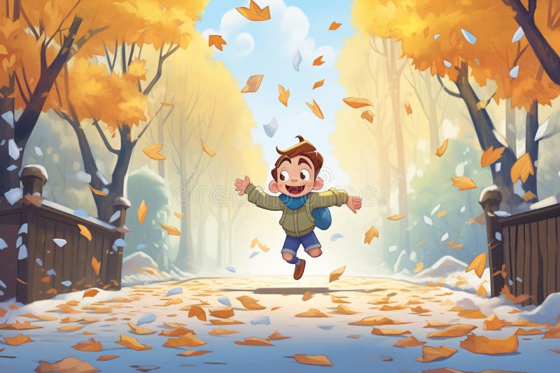 A Cartoon Kid Catching Falling, Frost-covered Leaves on a Path Stock ...