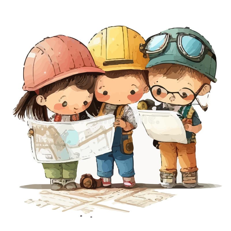 Cartoon Kid Engineer Civil Character Control Project Site Chibi Vector ...