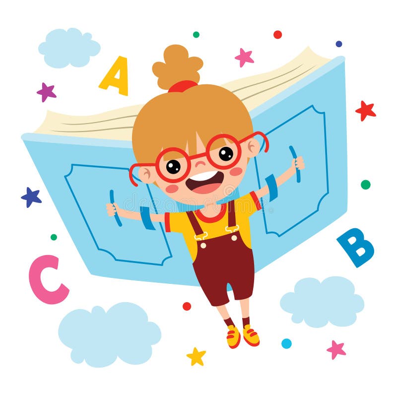 Cartoon Kid Flying with Book Stock Vector - Illustration of cheerful ...