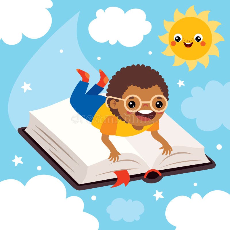 Cartoon Kid Flying with Book Stock Vector - Illustration of read, open ...