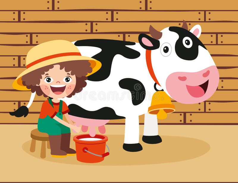 Cartoon Kid Milking a Cow stock vector. Illustration of farm - 249234780