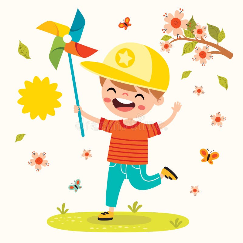 Cartoon Kid Playing with Wind Rose Stock Illustration - Illustration of ...