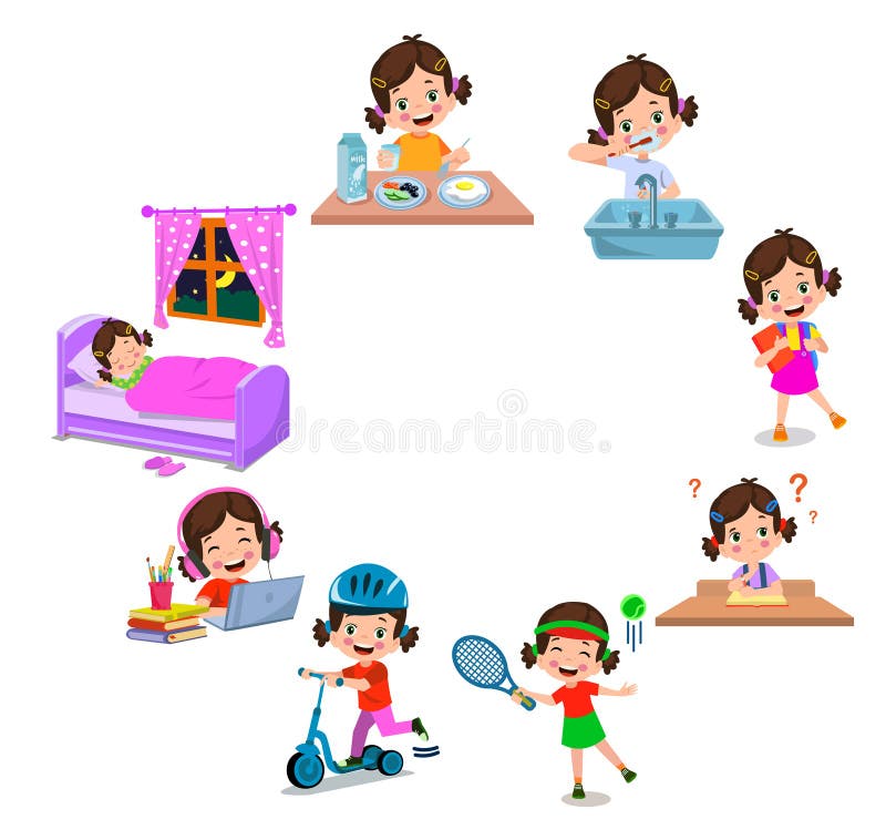 Cartoon Kid daily Routine Activities Set Stock Illustration ...