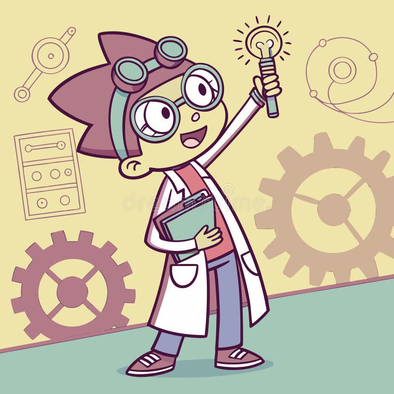 Cartoon Kid Scientist with Lightbulb and Gears Stock Illustration ...