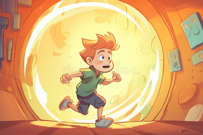 Cartoon Kid Stepping into a Glowing Circular Portal Stock Illustration ...