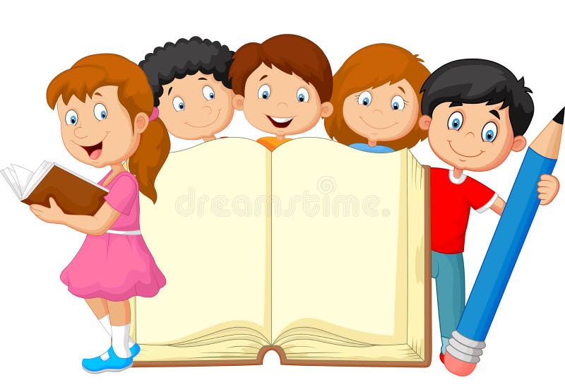 Cartoon Kids with Book and Pencil Stock Vector - Illustration of ...