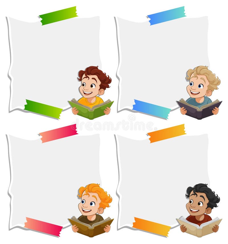 Kids Reading Books White Frame Stock Vector - Illustration of childhood ...