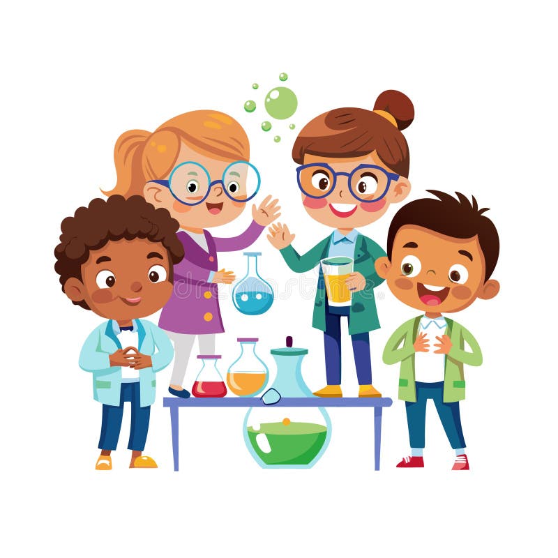 Cartoon Kids Conducting Science Experiments on a Table in a Laboratory ...
