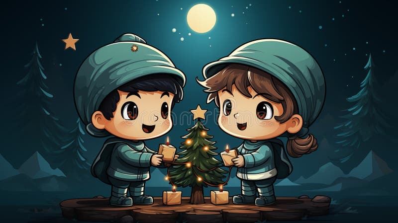 Cartoon Kids Decorating Christmas Tree Stock Photo - Image of couple ...