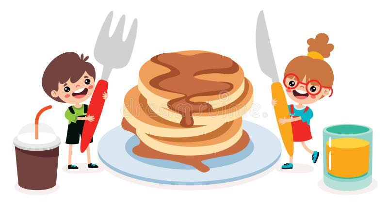 Cartoon Kids Eating a Pancake Stock Illustration - Illustration of cake ...