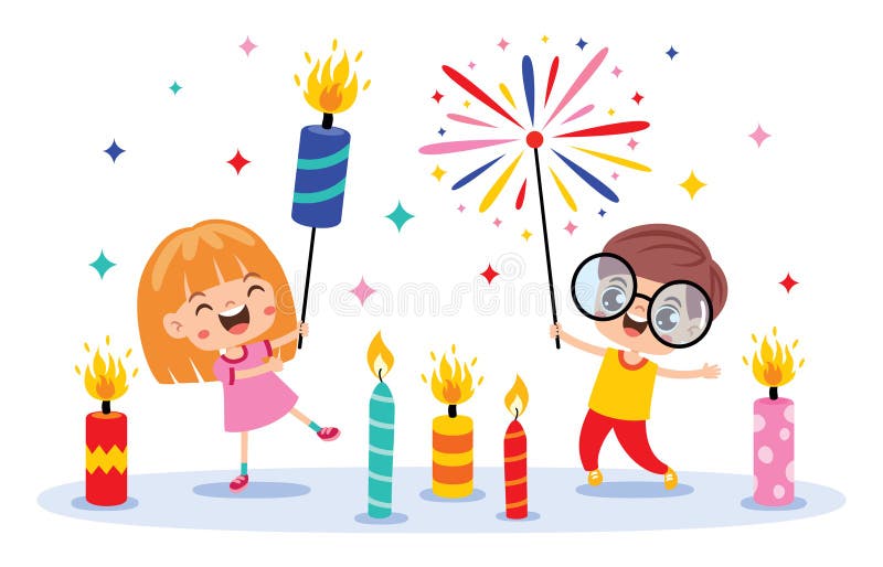 Cartoon Kids Playing with Fireworks Stock Illustration - Illustration ...