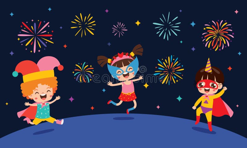 Cartoon Kids Playing with Fireworks Stock Illustration - Illustration ...