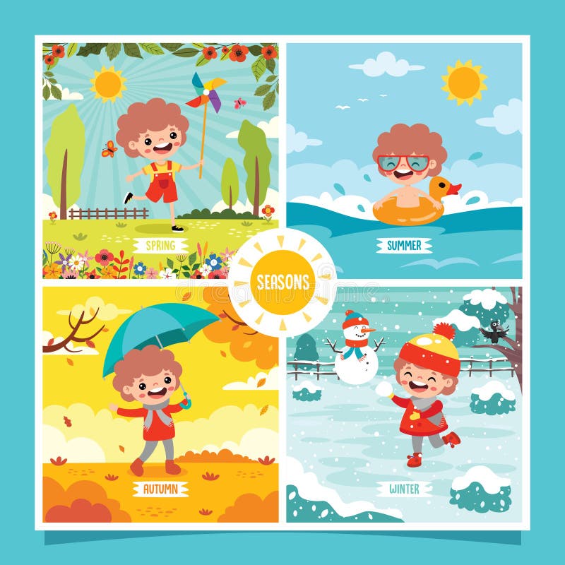 Four Seasons with Cartoon Kid Stock Illustration - Illustration of ...