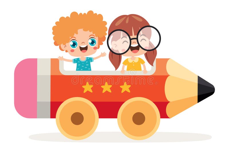 Cartoon Kids Riding Pencil Car Stock Illustration - Illustration of ...