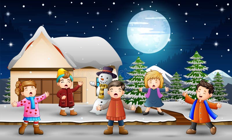 Cartoon Kids Singing in Front of the Snowing House Stock Vector ...