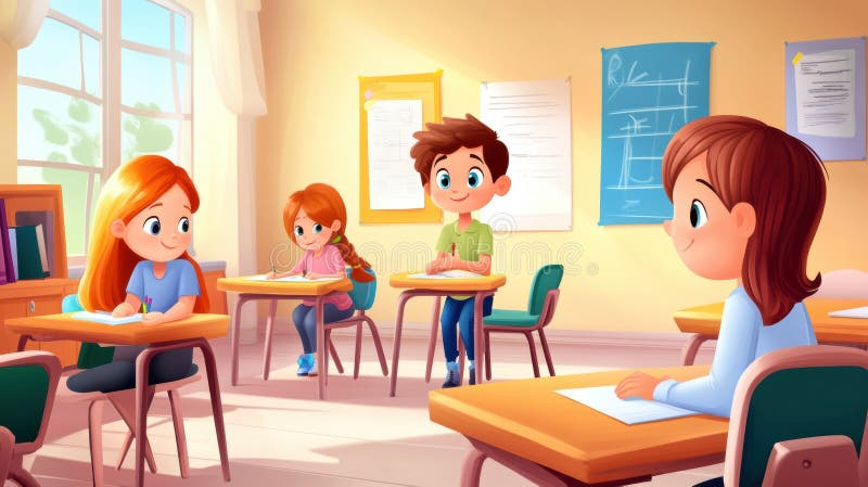 A Cartoon Kids Sitting at Desks in a Classroom with Windows, AI Stock ...