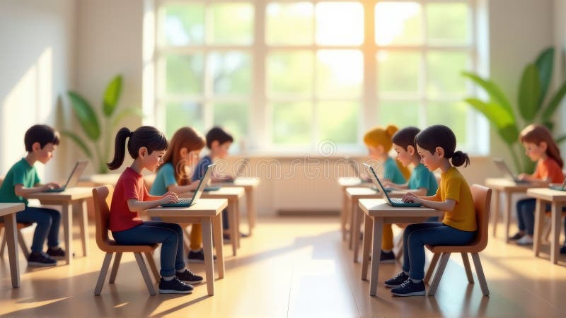 Cartoon Kids Using Laptops in Classroom - Modern Education Concept ...