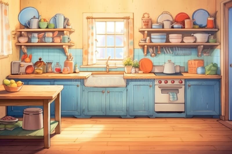 A Cartoon Kitchen with Blue Cabinets and a Stove, AI Stock Image ...