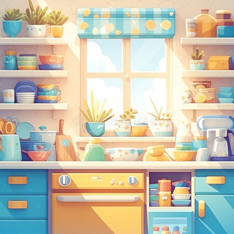 Cartoon Kitchen Illustration with Sunny Window Stock Illustration ...