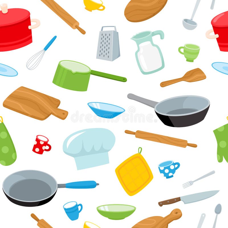 Cartoon Kitchen Tools Seamless Pattern Isolated on White. Stock Vector ...