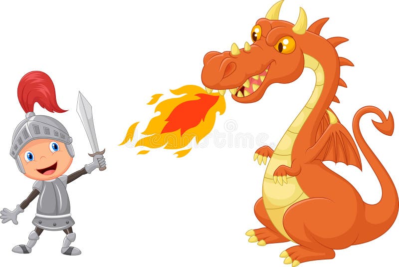 Cartoon Knight with Fierce Dragon Stock Vector - Illustration of ...