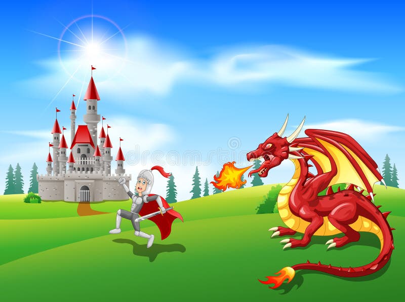 Cartoon Knight with Fierce Dragon Stock Vector - Illustration of ...