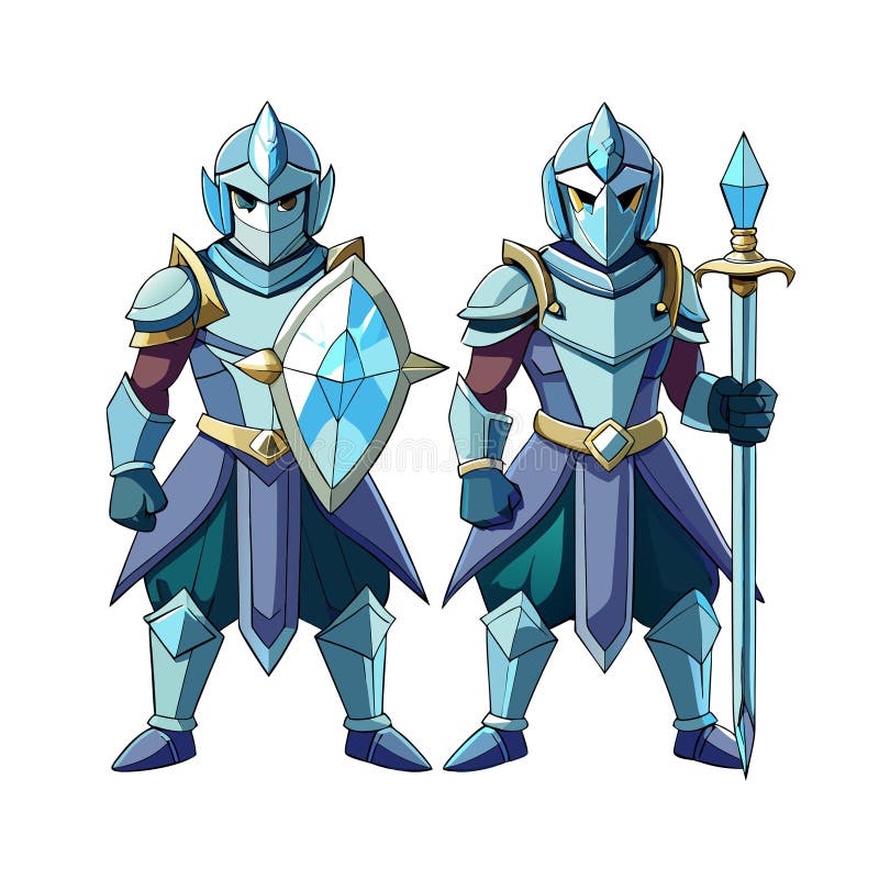 Cartoon Knights with Diamond Armor and Weapons in Light Blue Stock ...