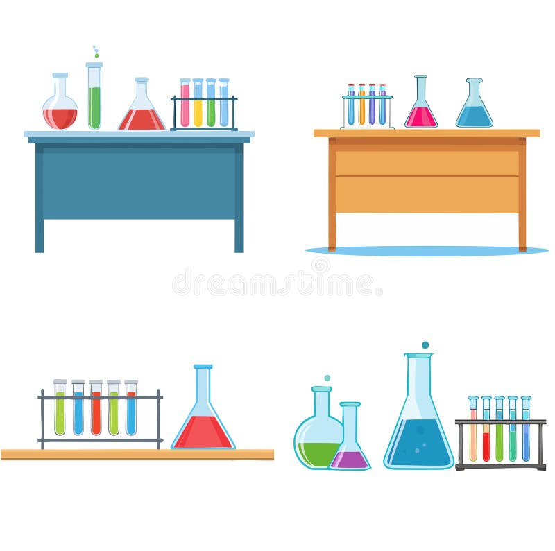 Cartoon Lab Table Scene Vector Bundle Set Stock Vector - Illustration ...