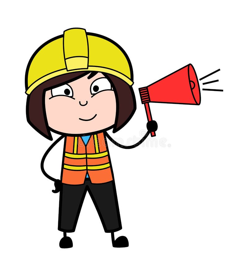 Cartoon Lady Engineer Announcing with Loudhailer Stock Vector ...