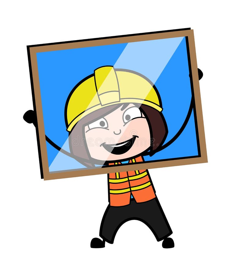 Cartoon Lady Engineer Looking from Glass Frame Stock Illustration ...