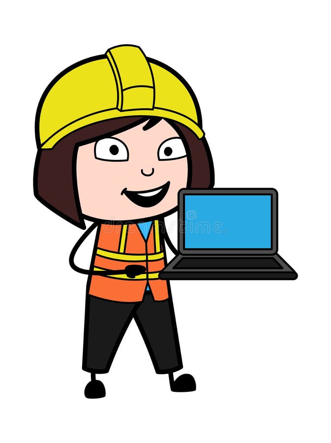Cartoon Lady Engineer Presentation on Laptop Stock Illustration ...