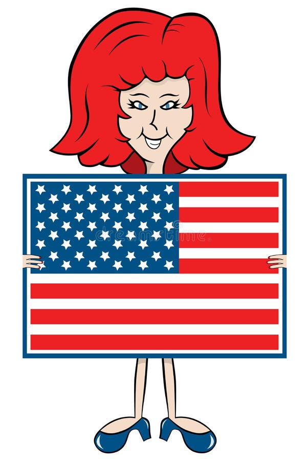 Cartoon Lady Holding American Flag Stock Vector - Illustration of blue ...