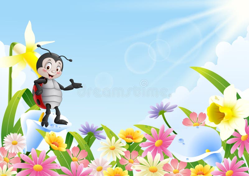 Cartoon Ladybug in the Flower Field Stock Vector - Illustration of ...
