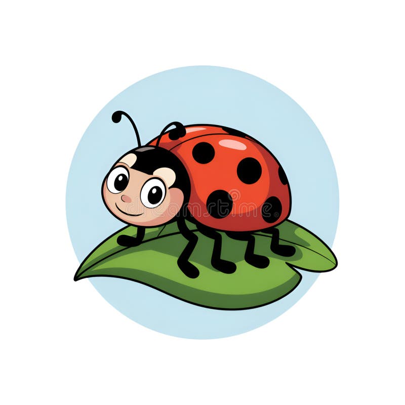 Cartoon Ladybug Resting on a Green Leaf with a Light Blue Circle Behind ...