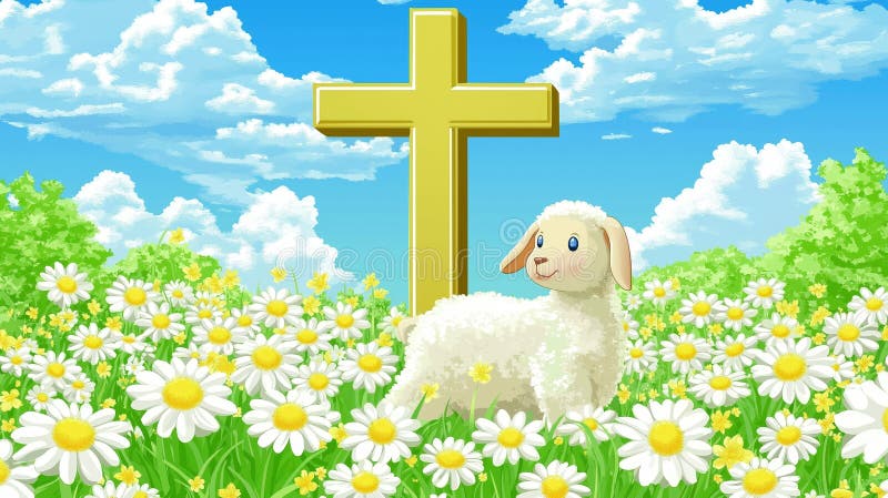 Cartoon Lamb in Daisy Field with Cross on Sunny Day Stock Photo - Image of landscape, green ...