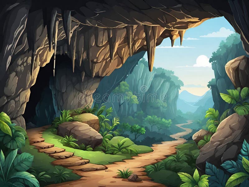 Cartoon Landscape of Cave with Mountain and Forest Illustration Stock ...