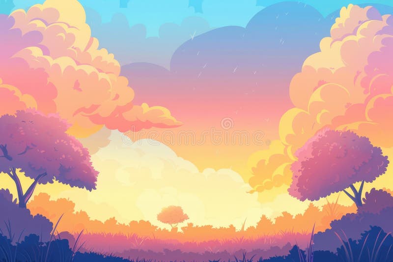 A Cartoon Landscape with a Colorful Sunset and Trees in the Foreground ...