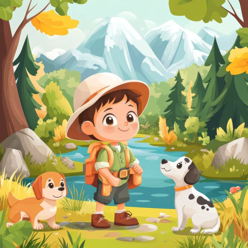 In a Cartoon Landscape with Dogs, a Scout Boy is with His Dogs Stock ...