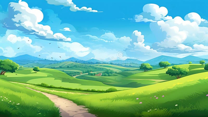Cartoon Landscape with a Green Scenery and a Dirt Road. Suitable for ...