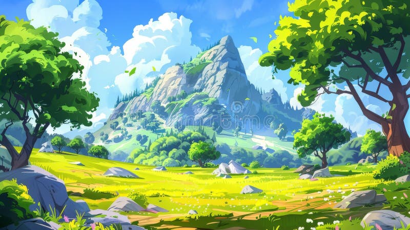 A Cartoon Landscape with Mountains and Fields Depicting Nature Stock ...