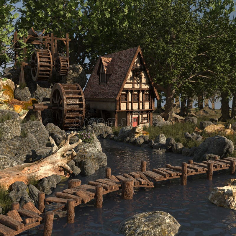 Cartoon Landscape of a Small House with a Water Mill. Stock ...