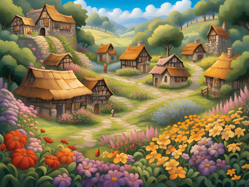 Cartoon Landscape with a Village in the Mountains, Ai Generated Stock ...