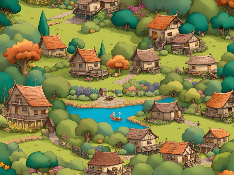 Cartoon Landscape with a Village in the Mountains, Ai Generated Stock ...