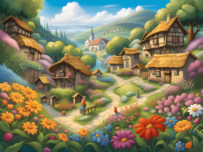 Cartoon Landscape with a Village in the Mountains, Ai Generated Stock ...